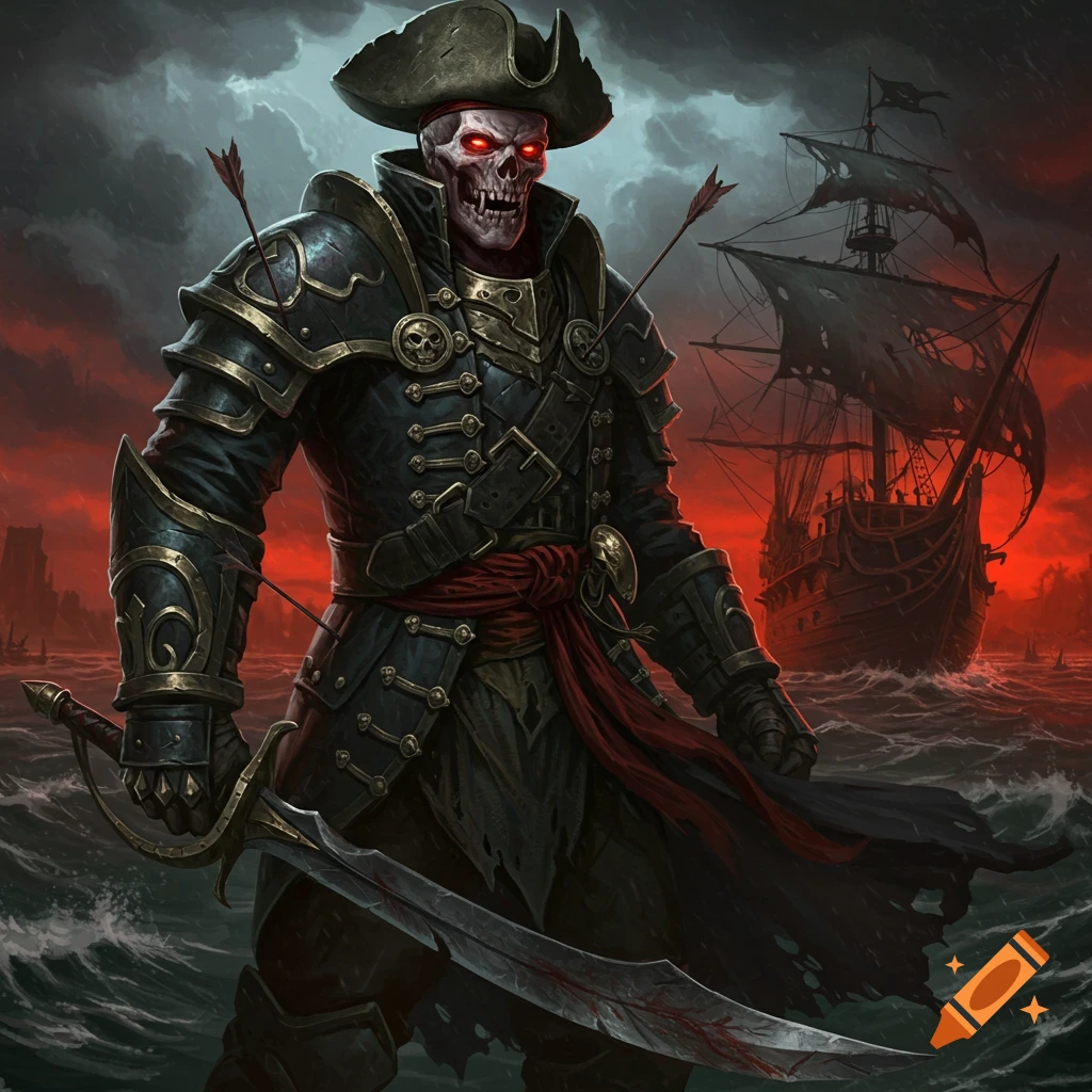 An undead pirate with glowing red eyes and arrows in his chest stands ...