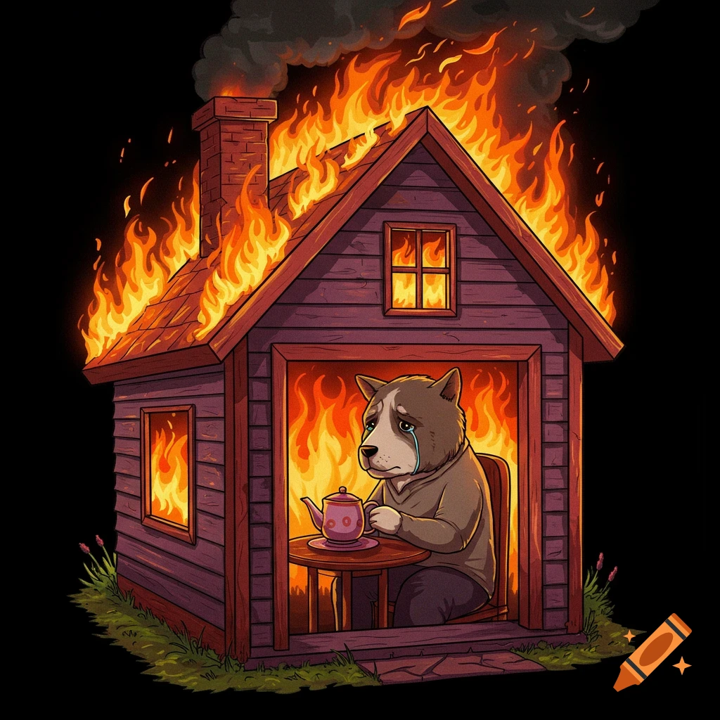 "Everything is fine" meme with crying animal drinking tea in fire. on ...