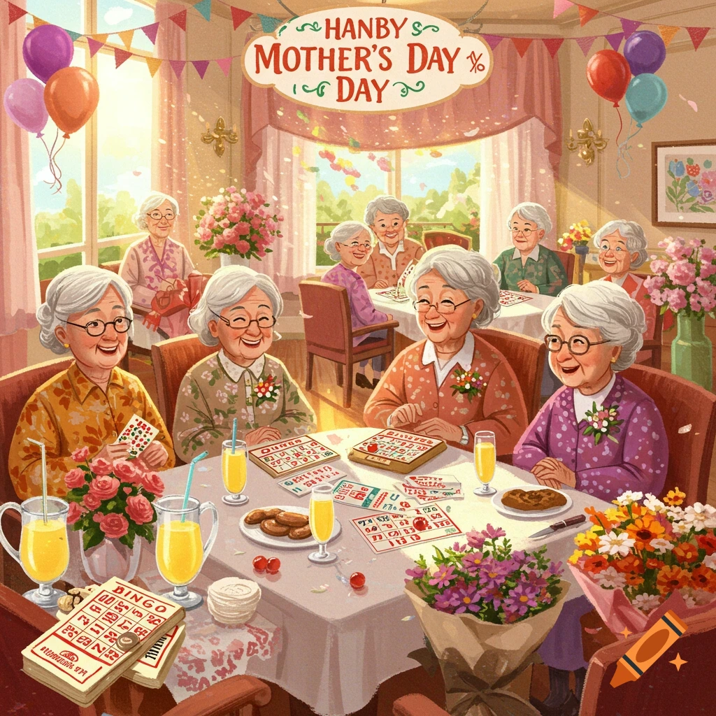 Bingo game with mimosas, flower bouquets, senior citizens at Mother's ...
