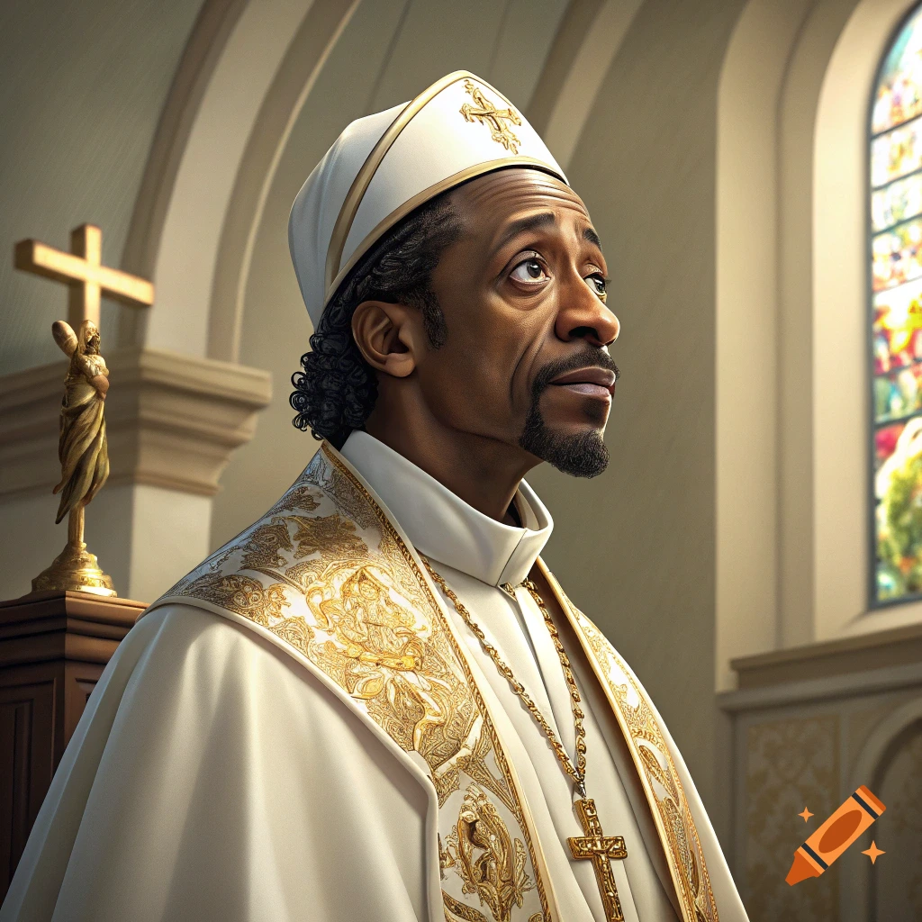 A smiling man dressed as a pope holds a large hot dog topped with ...