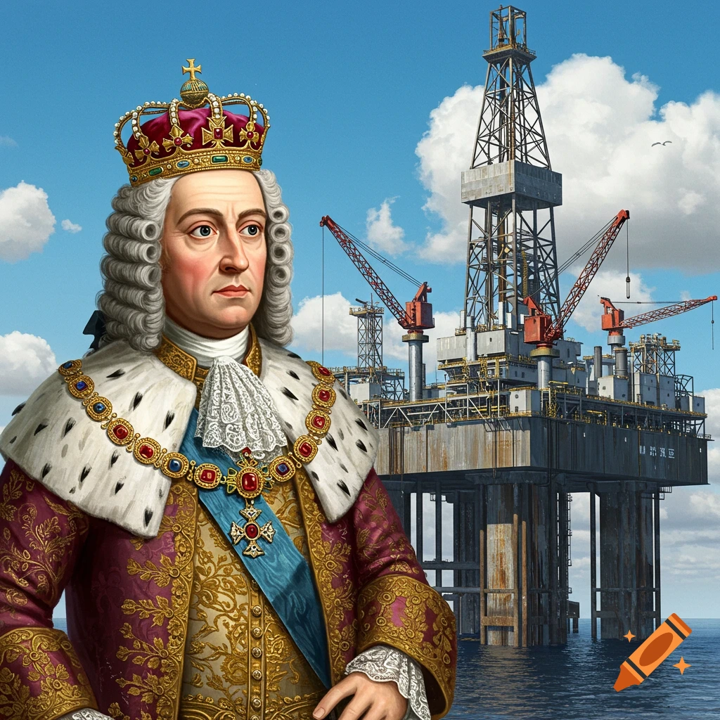 Painting of an 18th century King near a modern oil rig on Craiyon