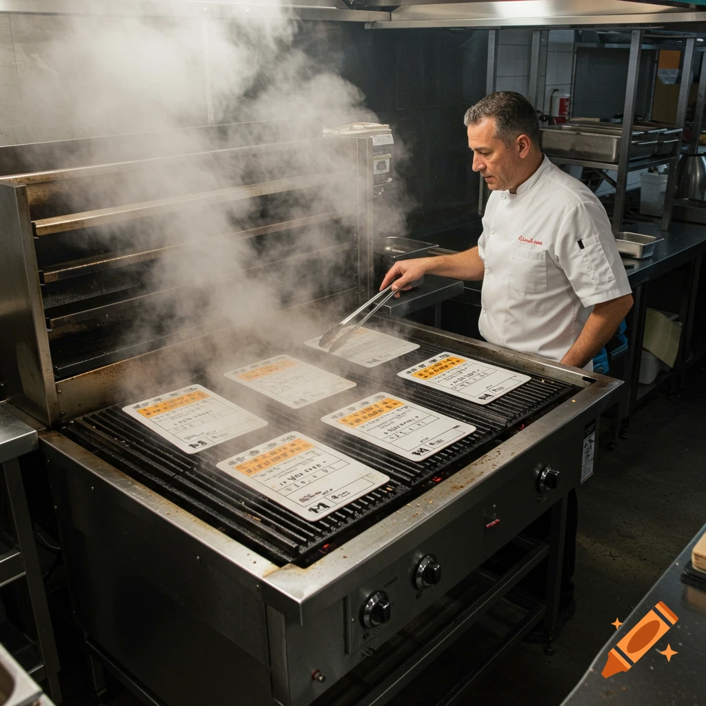 Overhead view of a cooking grill with chef heating up markerboards on ...
