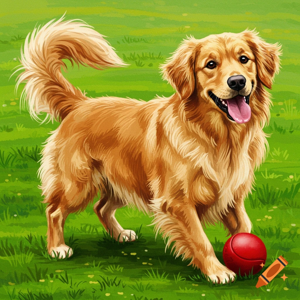 A golden retriever playing with a red ball in a field. on Craiyon