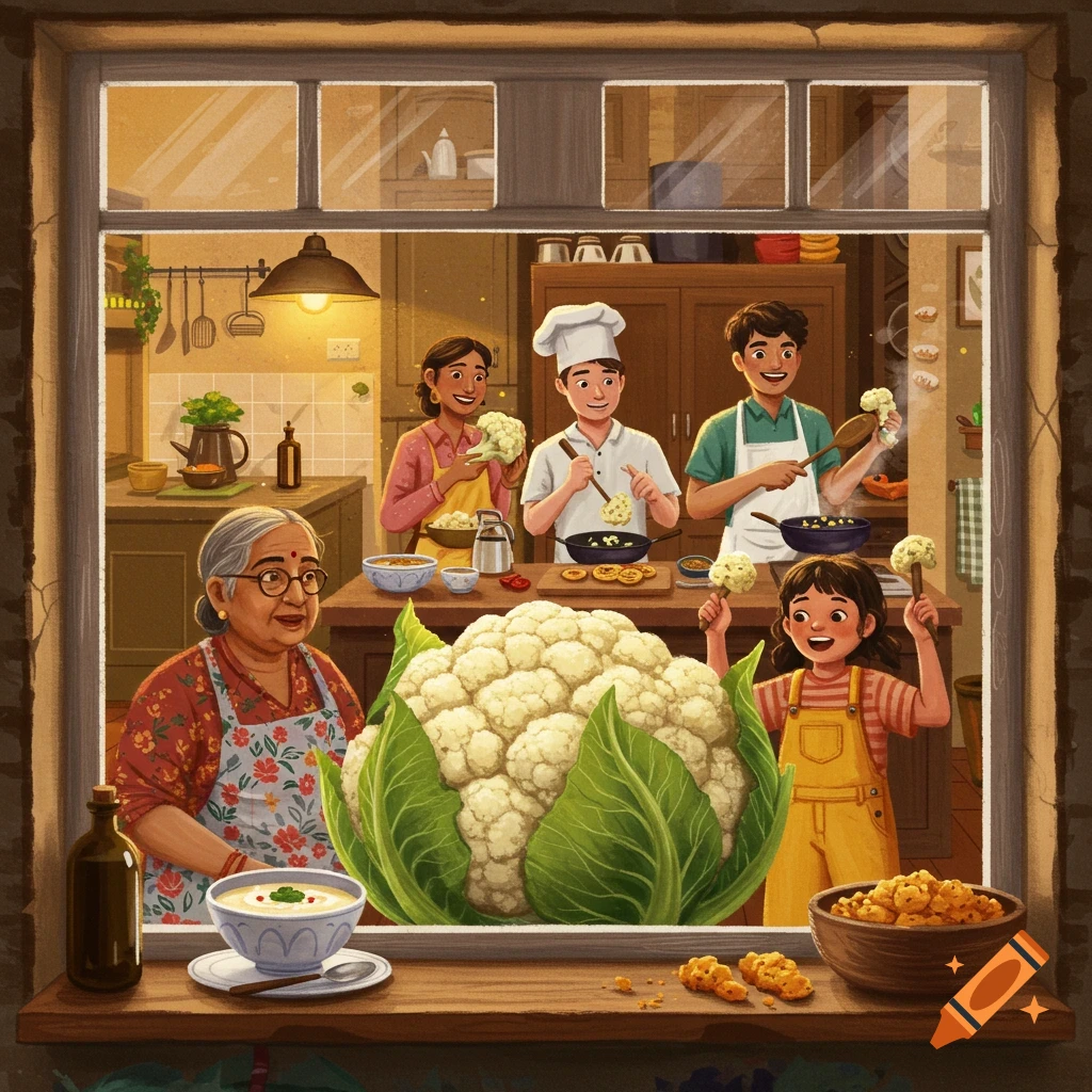 Cauliflower looking into kitchen window with people cooking on Craiyon