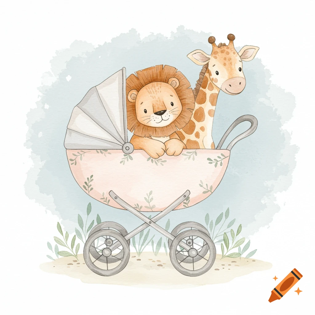 A whimsical watercolor of a cartoon lion and giraffe in a pink floral ...