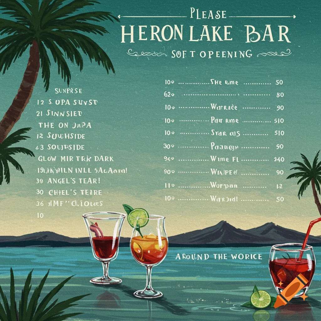 Heron Lake Bar Menu with drink names on Craiyon