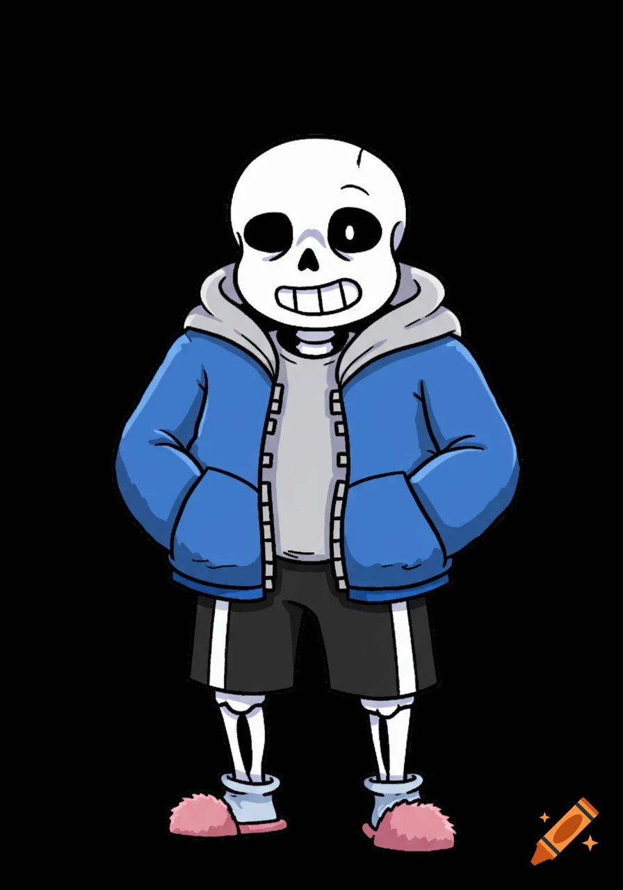 A stylized illustration of Sans from Undertale, a skeleton in a blue ...