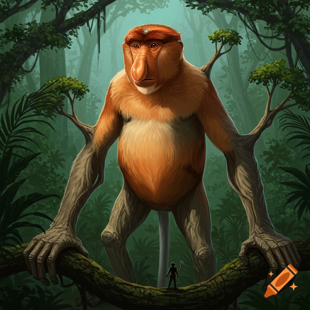 Proboscis monkey with human feet and tree limb arms and legs on Craiyon