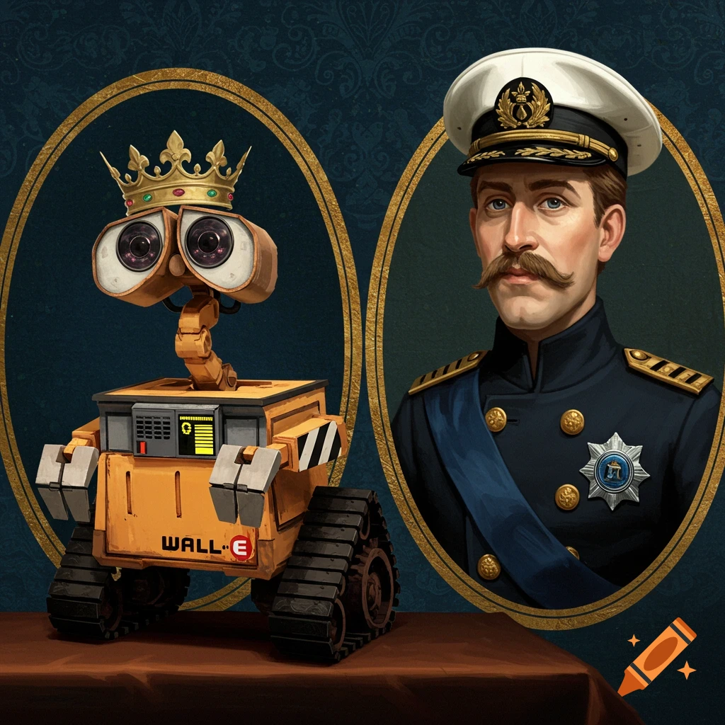 Two oval portraits: one shows WALL-E wearing a crown, the other a man ...