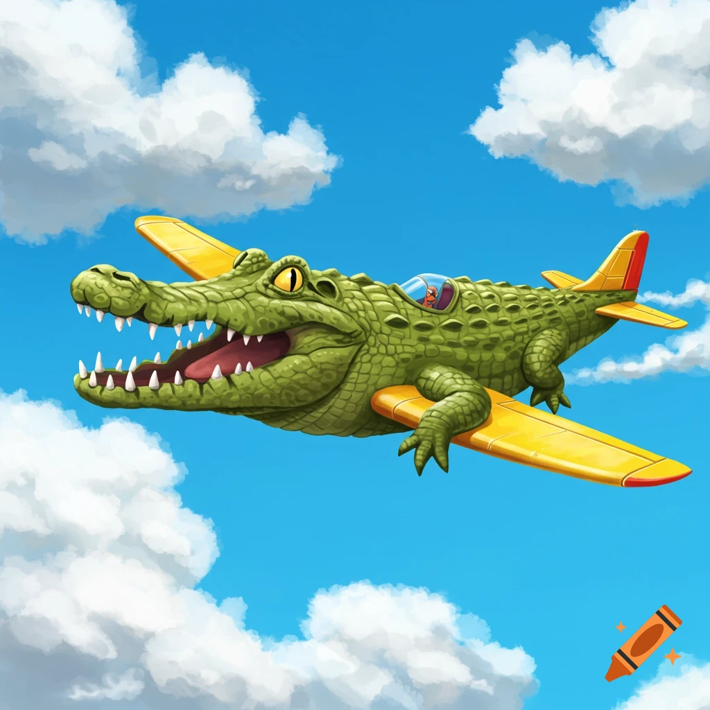 A crocodile combined with an airplane flying through a cloudy blue sky. on Craiyon