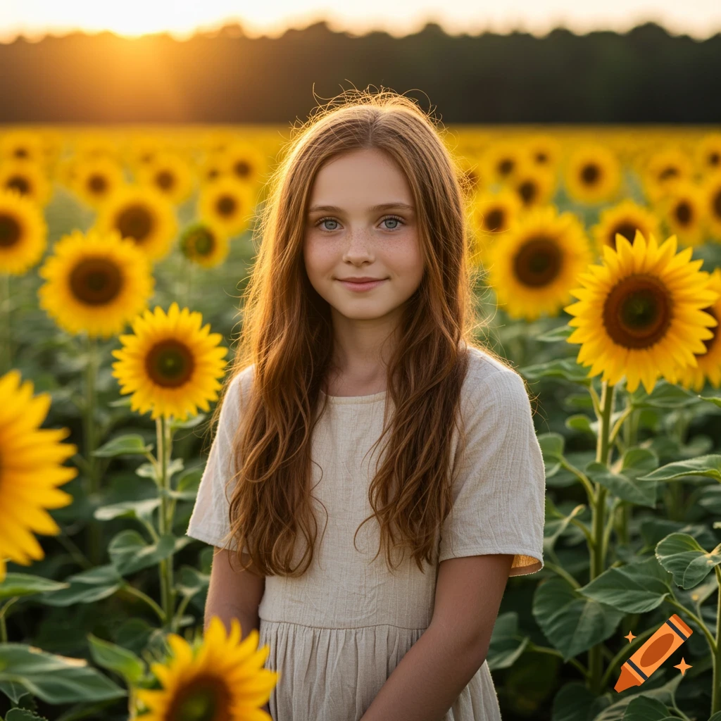 A young girl with long hair stands in a field of sunflowers at sunset. on Craiyon
