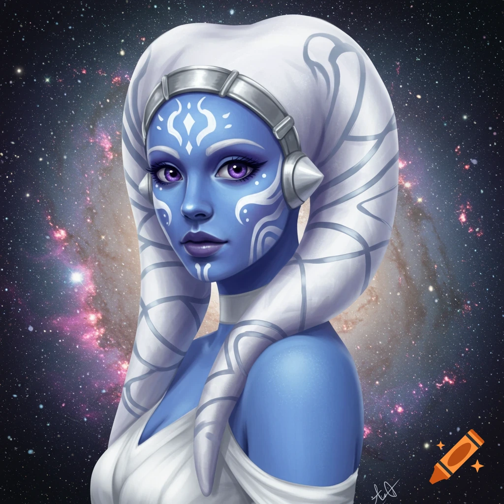 A blue-skinned alien woman with white head-tails and purple eyes against a space background. on ...