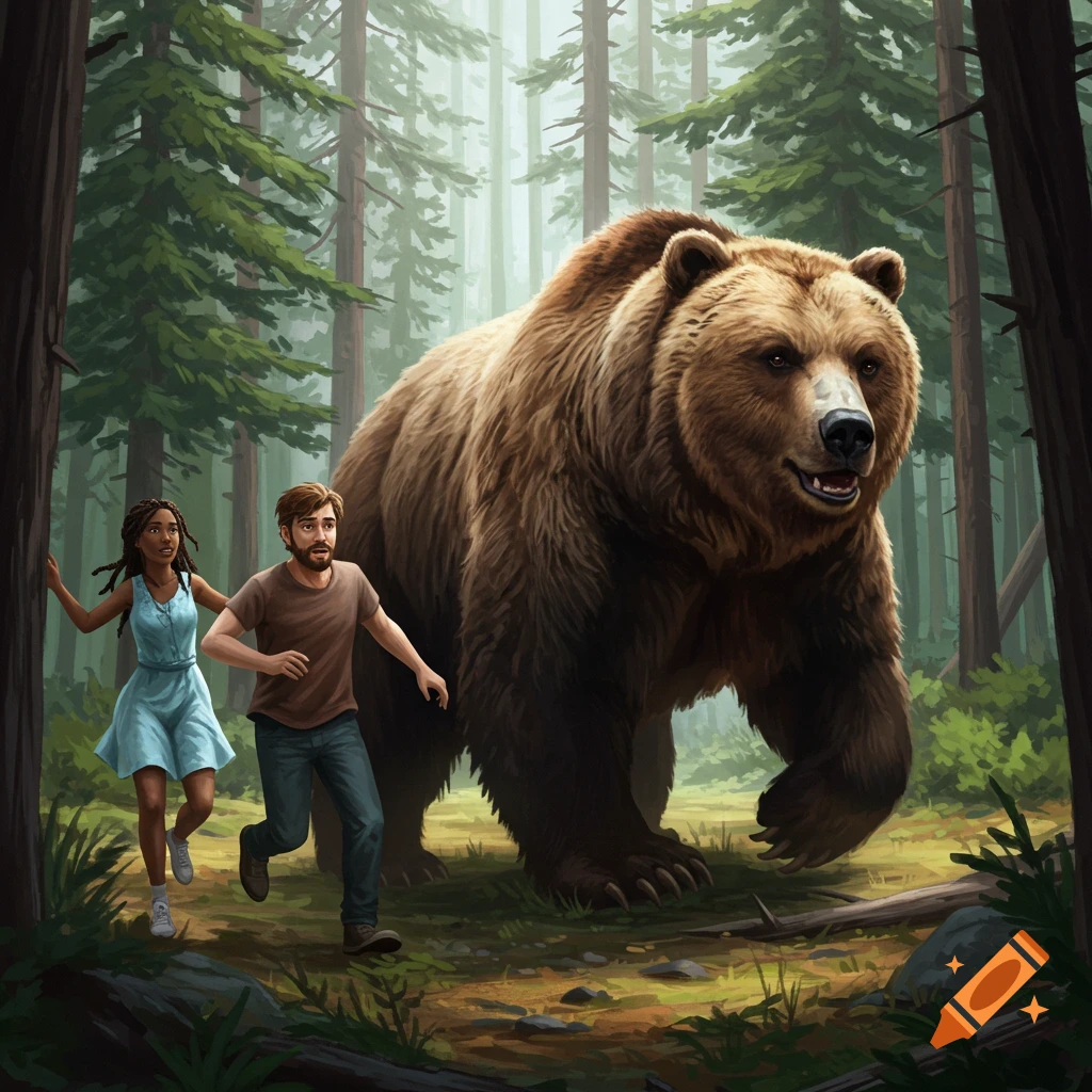 Two people running from a bear, one abandoned by the other. on Craiyon