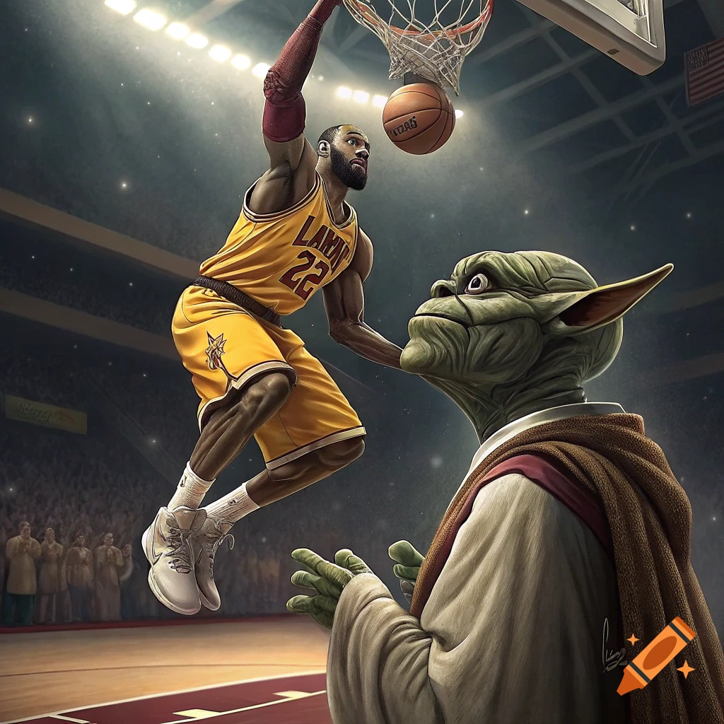 LeBron James dunks a basketball over Yoda in a stylized depiction of a ...