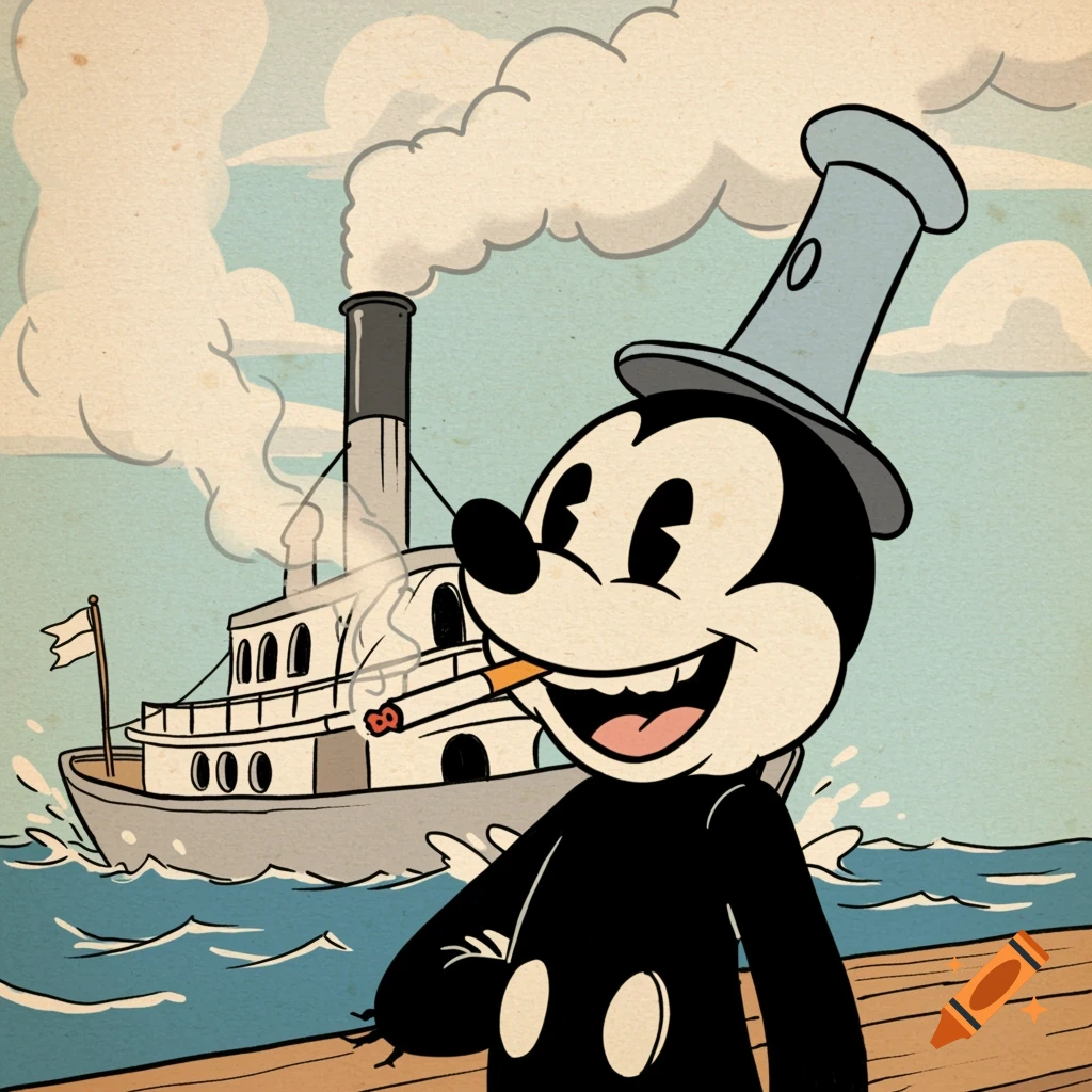 Steamboat Willie cartoon character smokes a cigarette on a dock with a ...