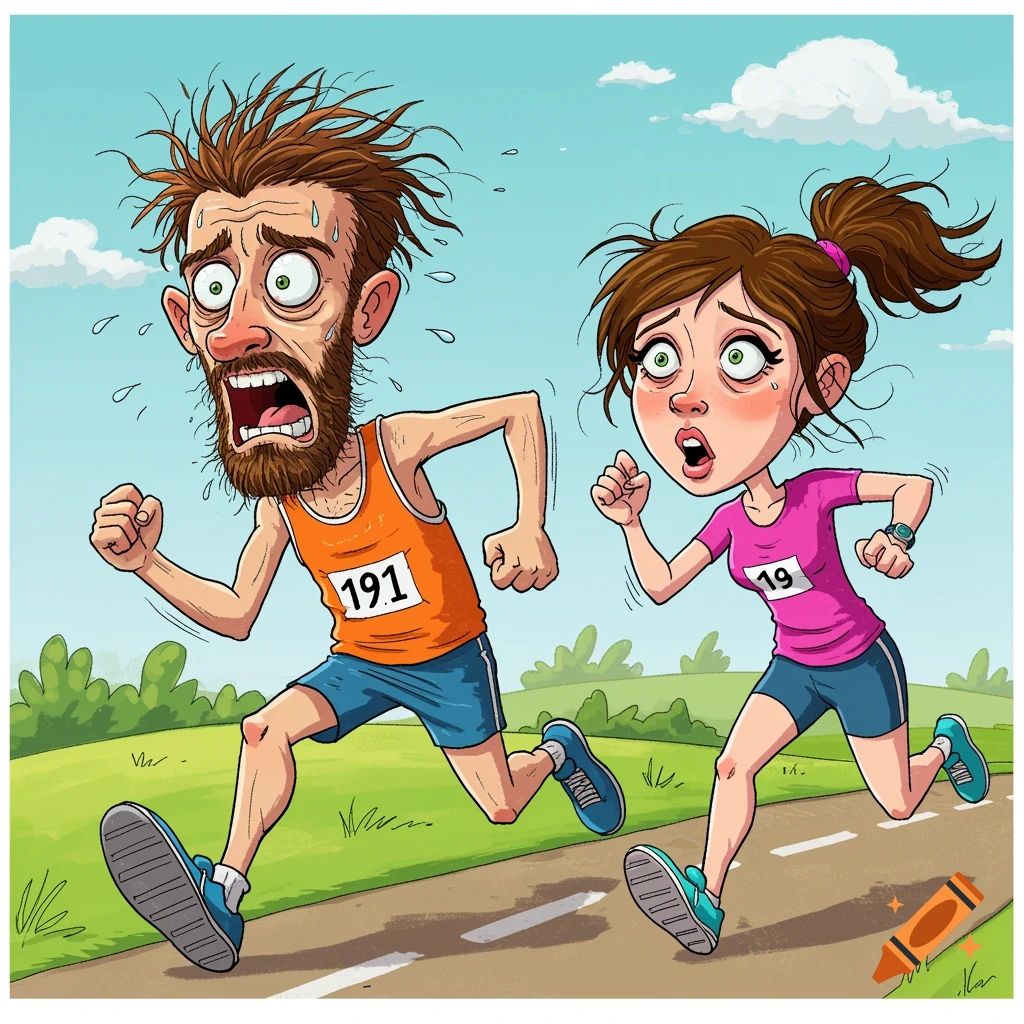 Cartoon illustration of two exhausted runners with exaggerated expressions during a race. on Craiyon