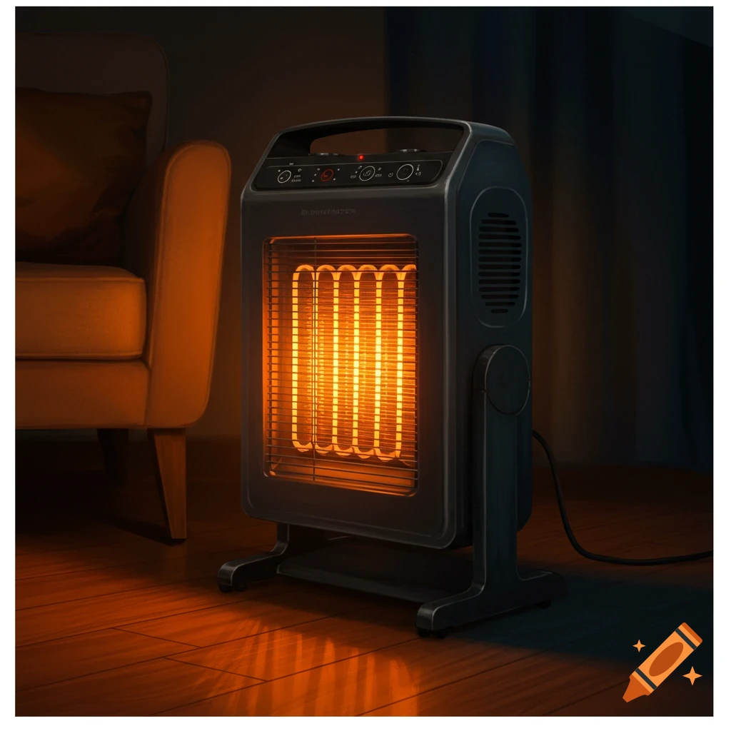 A portable electric heater with glowing elements in a room. on Craiyon