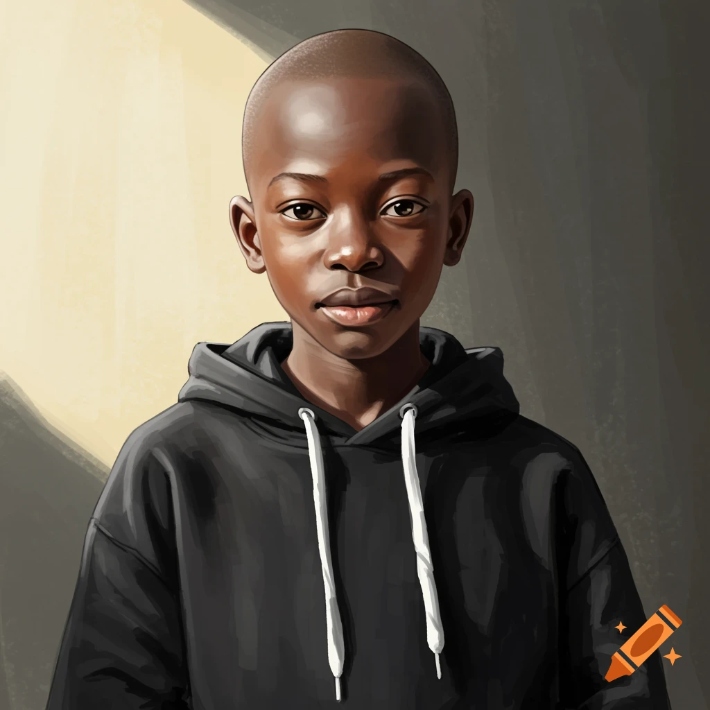 Bald African kid in hoodie and sweatpants on Craiyon