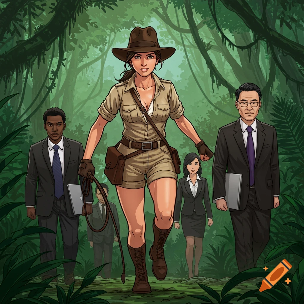 Illustrated scene of an explorer leading a group of business people ...