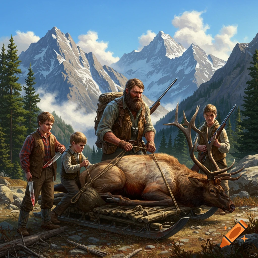 Mountain man and his two sons packing an elk in the mountains on Craiyon