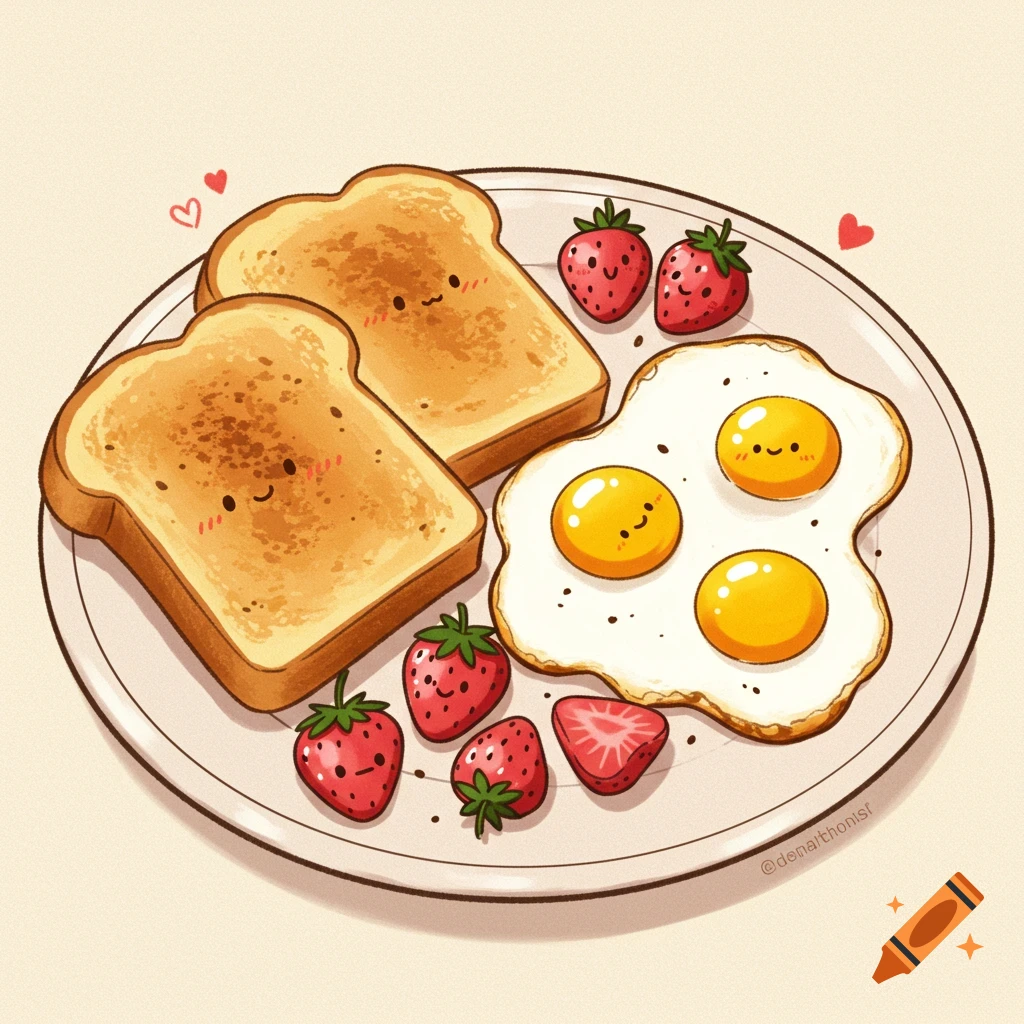 Animated drawing of toast, eggs, and strawberries on Craiyon