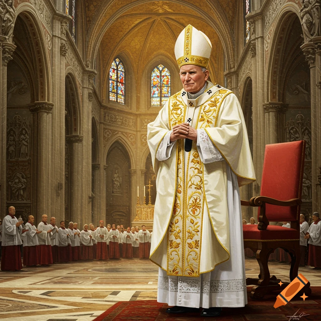 Pope in elaborate vestments sitting on a golden throne in a grand ...