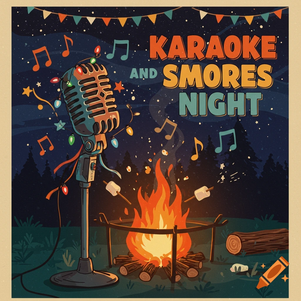 Poster for Karaoke and Smores Night event with microphone, campfire ...