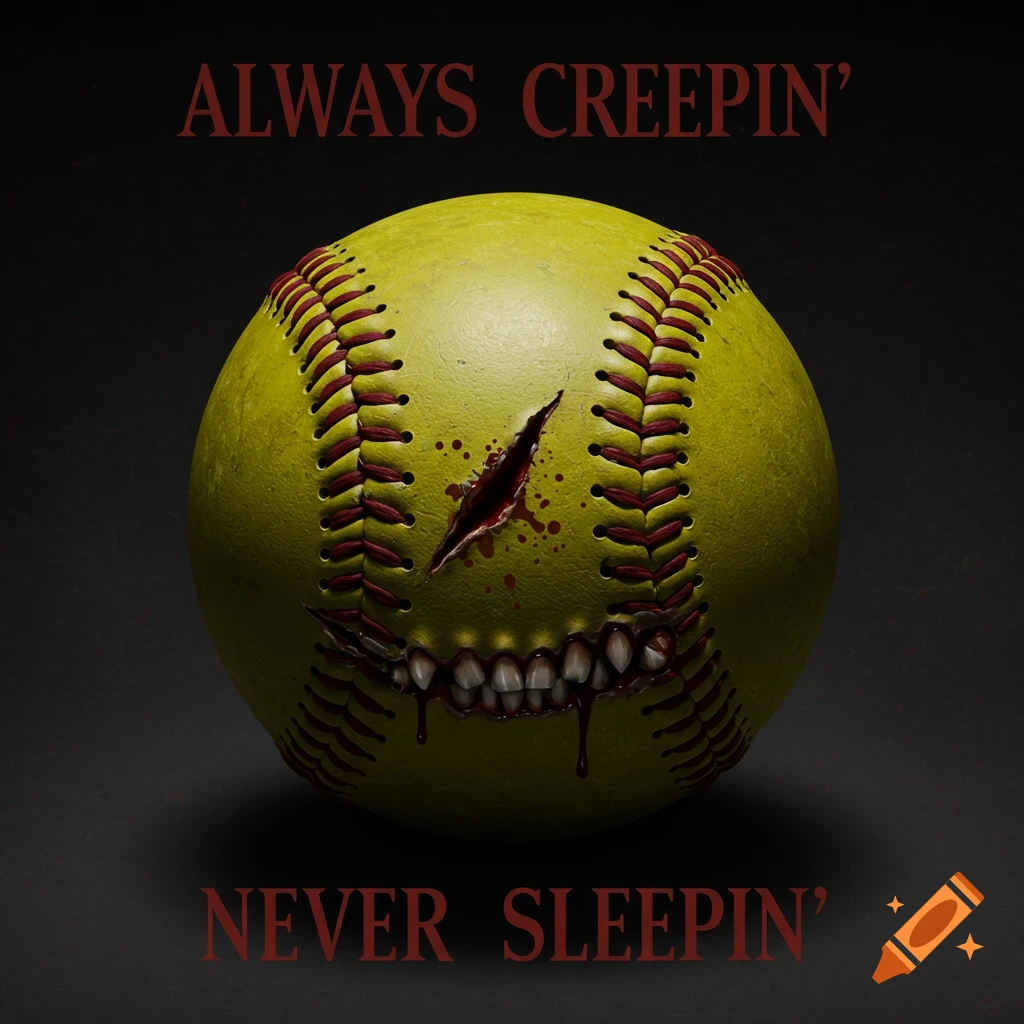 Softball with claw marks and the text 'Always Creepin'.. Never Sleepin ...