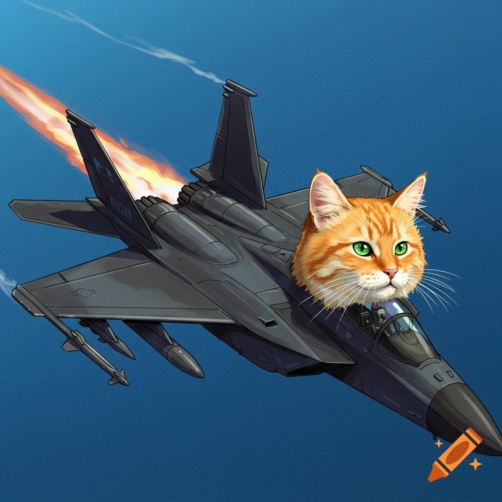 A black cat's head is on a jet airplane flying in an orange sky. on Craiyon