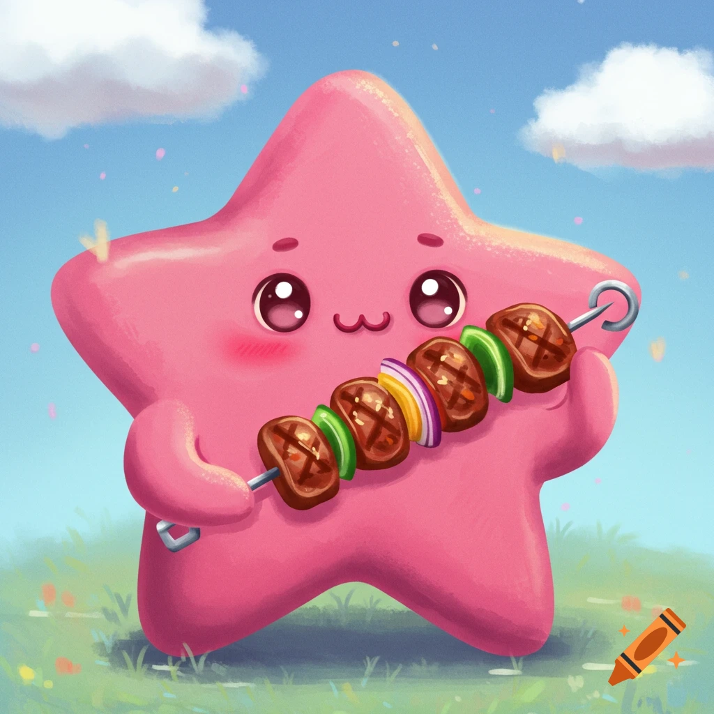 A cute pink star character holds a steak and vegetable kabob in a ...