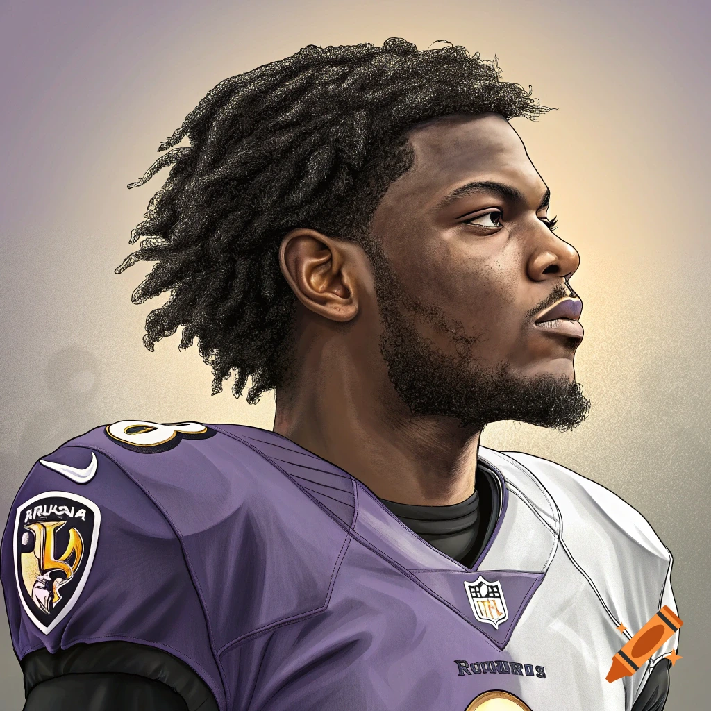 A photorealistic image of a male football player in purple and green ...