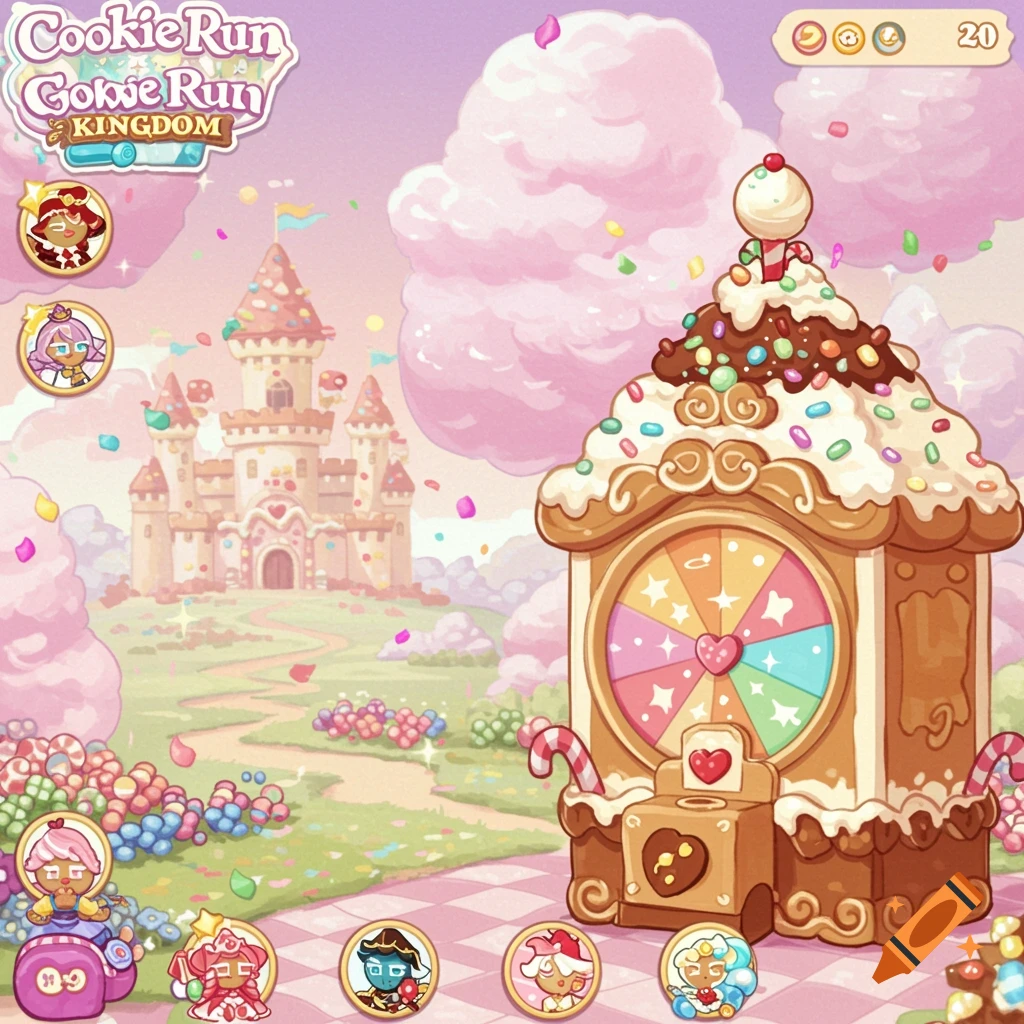 Cartoon game interface with a candy castle, gacha machine, characters ...