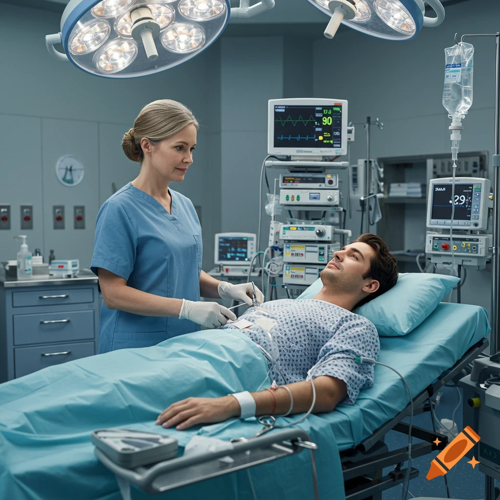 A man lies in a hospital bed with an IV drip. on Craiyon