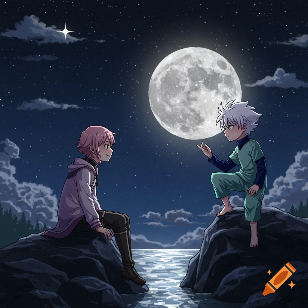 Two anime characters sit on rocks by the water at night under a full ...