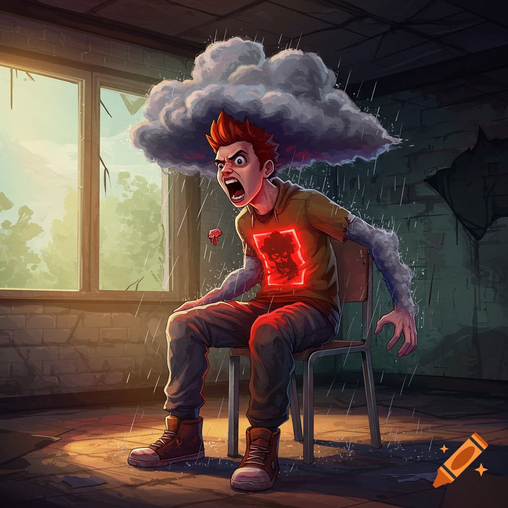 Rust player screaming as rain cloud while cheating on Craiyon