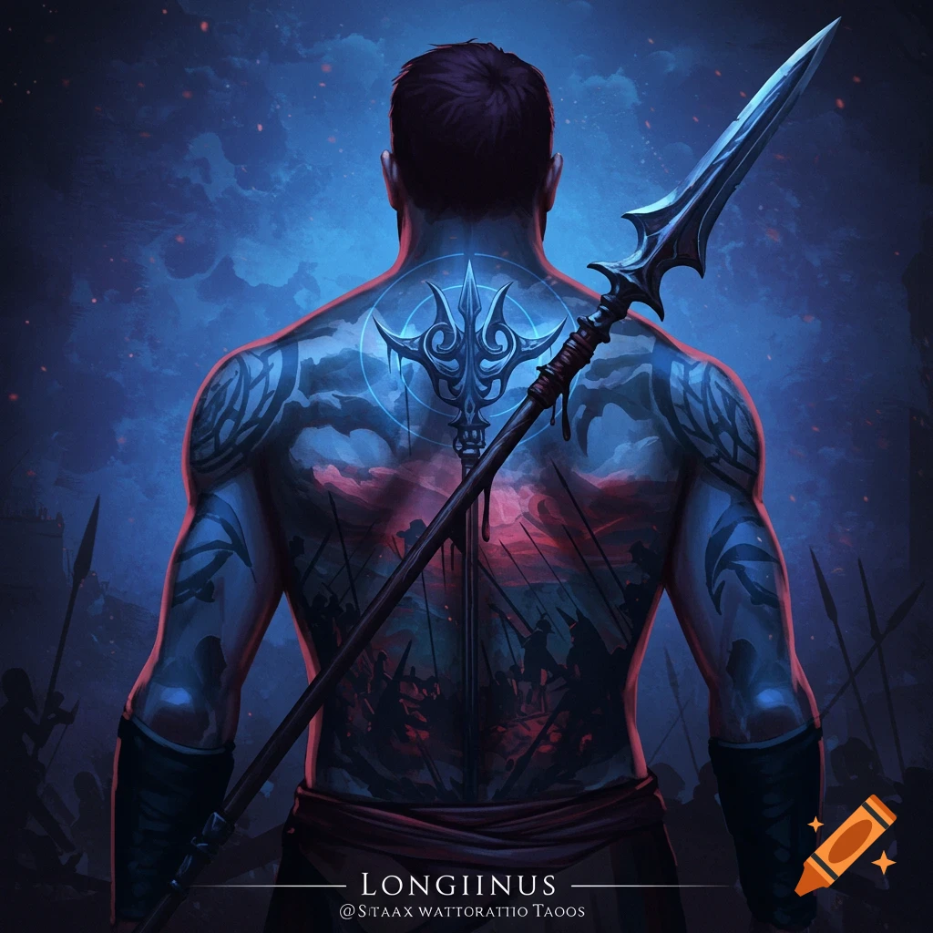 A muscular man is seen from the back, holding a spear and showing a ...