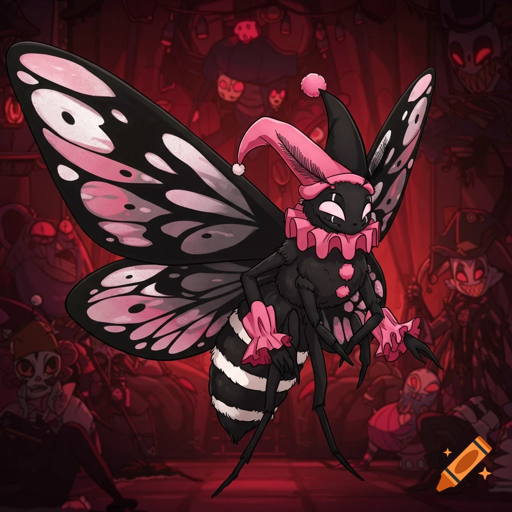 Stylized black moth character with pink and black jester hat and collar ...