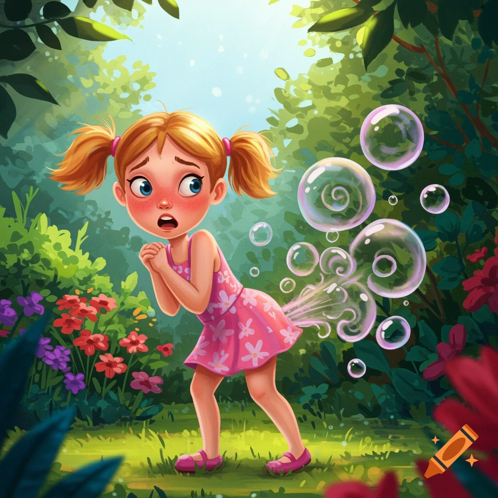 Cartoon of an embarrassed girl farting bubbles in a garden. on Craiyon