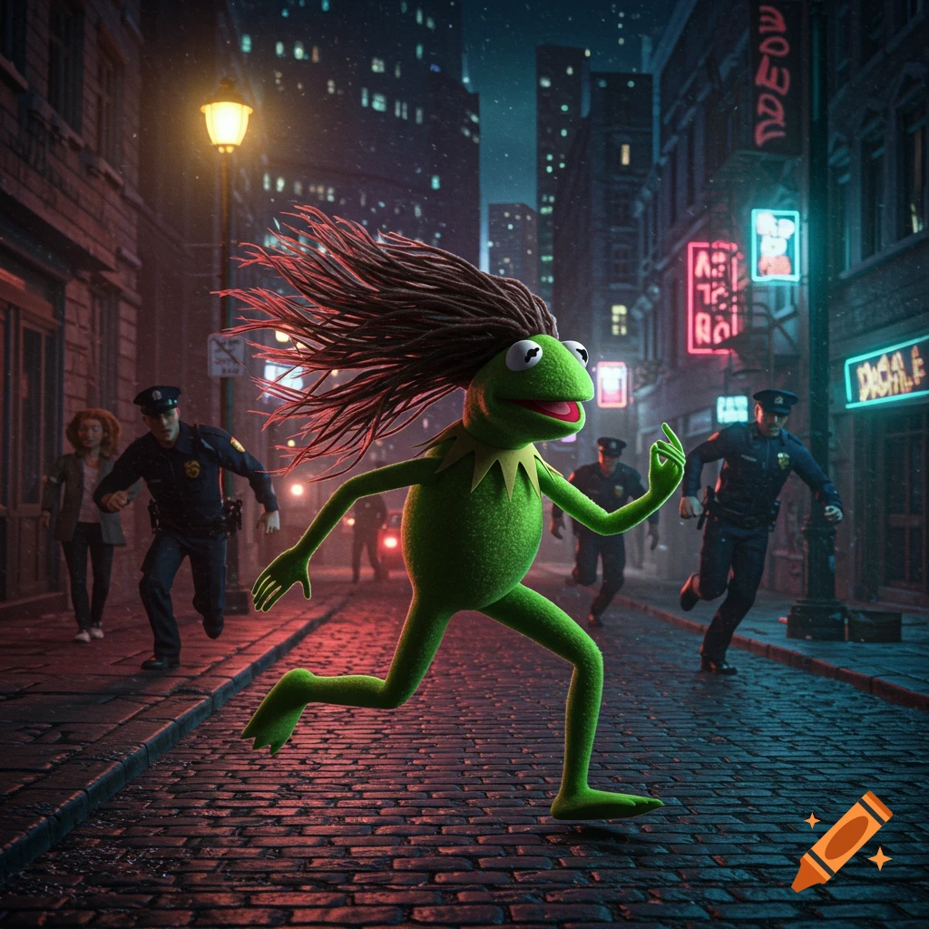 Kermit the Frog with dreadlocks runs from police down a wet city street ...