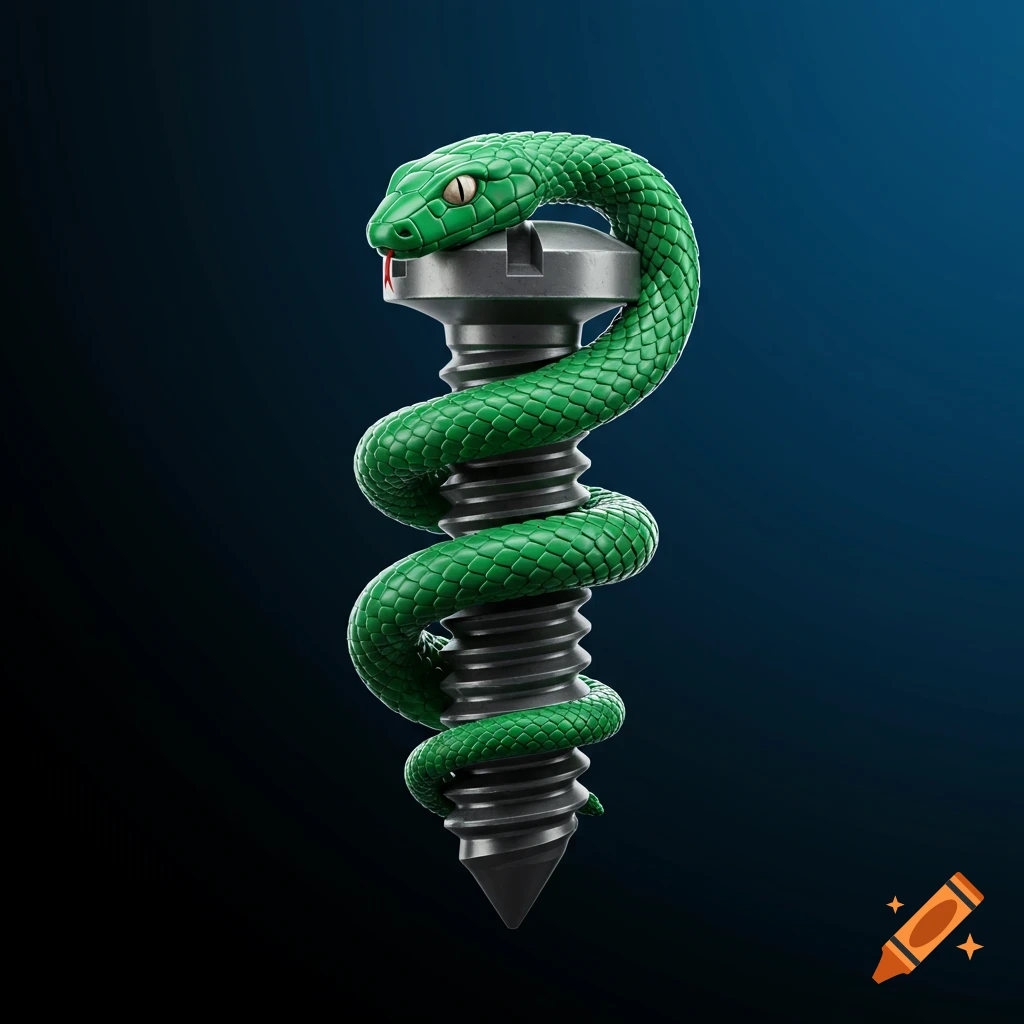 3D render of a green snake coiled around a dark grey screw. on Craiyon