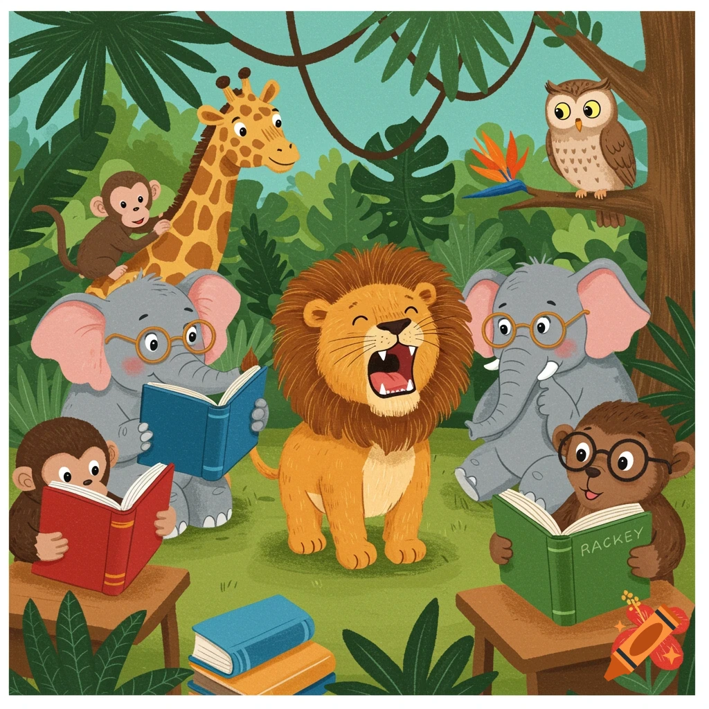 Cartoon lion cub roaring in colorful jungle classroom on Craiyon
