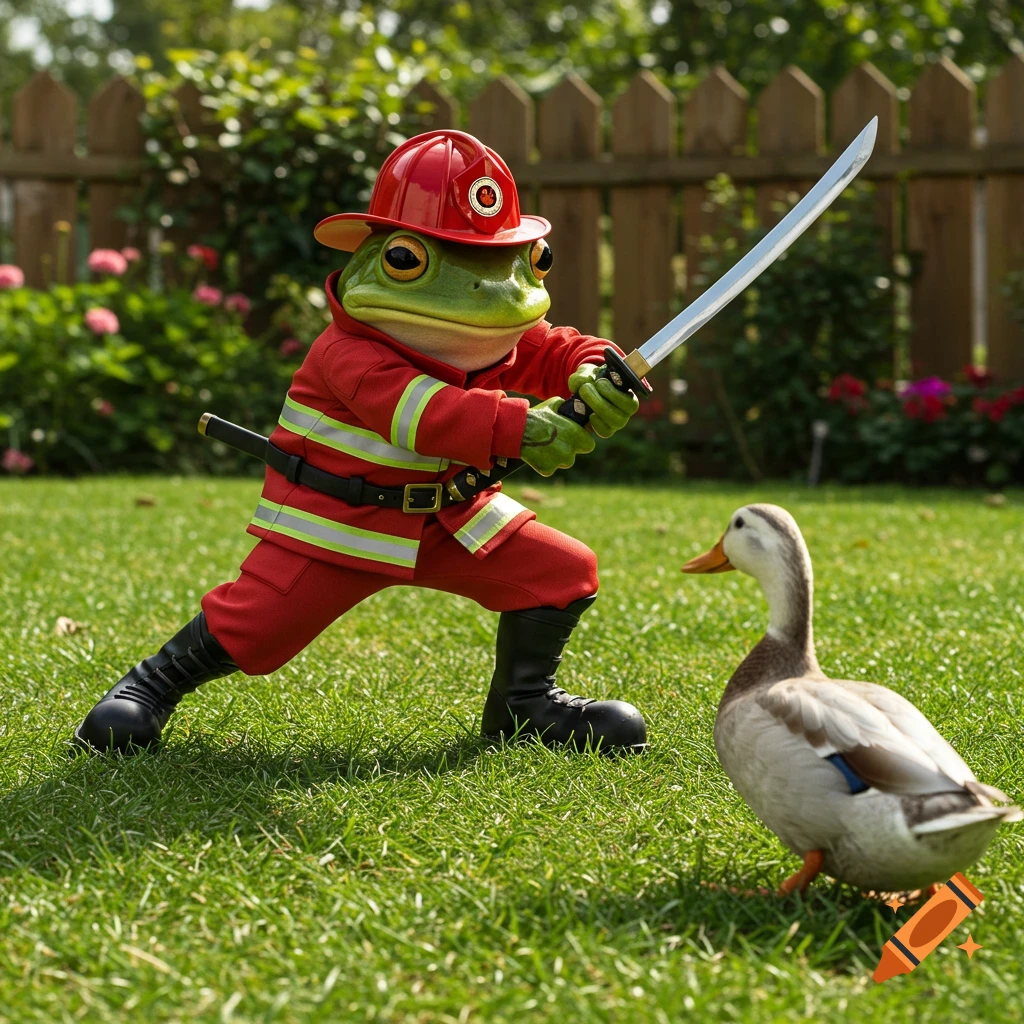 Frog in a firefighter outfit with a samurai sword facing a duck on Craiyon