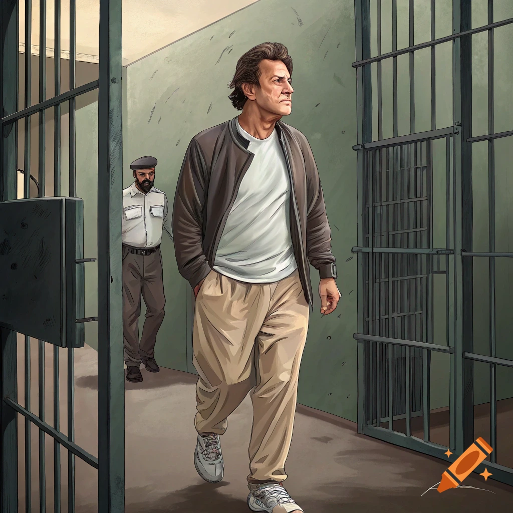 Illustration of Imran Khan walking in a prison corridor with a guard. on Craiyon