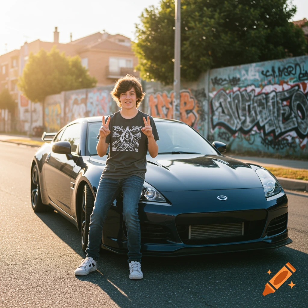 Teenage boy flashing a peace sign in front of a car on Craiyon
