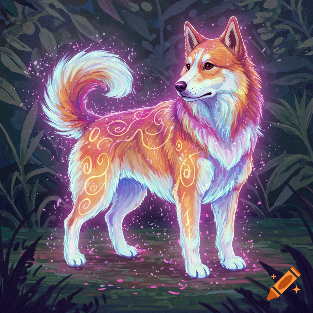 An orange and white dog with glowing aura patterns in a forest. on Craiyon