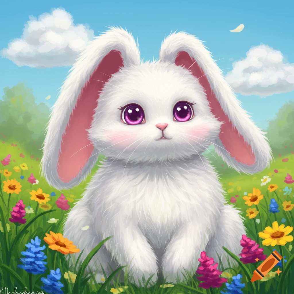 A white fluffy bunny with bright pink eyes sitting in a field of ...