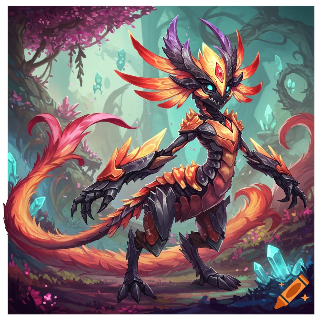 Blue crystal creature with spiky tail and ears in a colorful forest. on ...