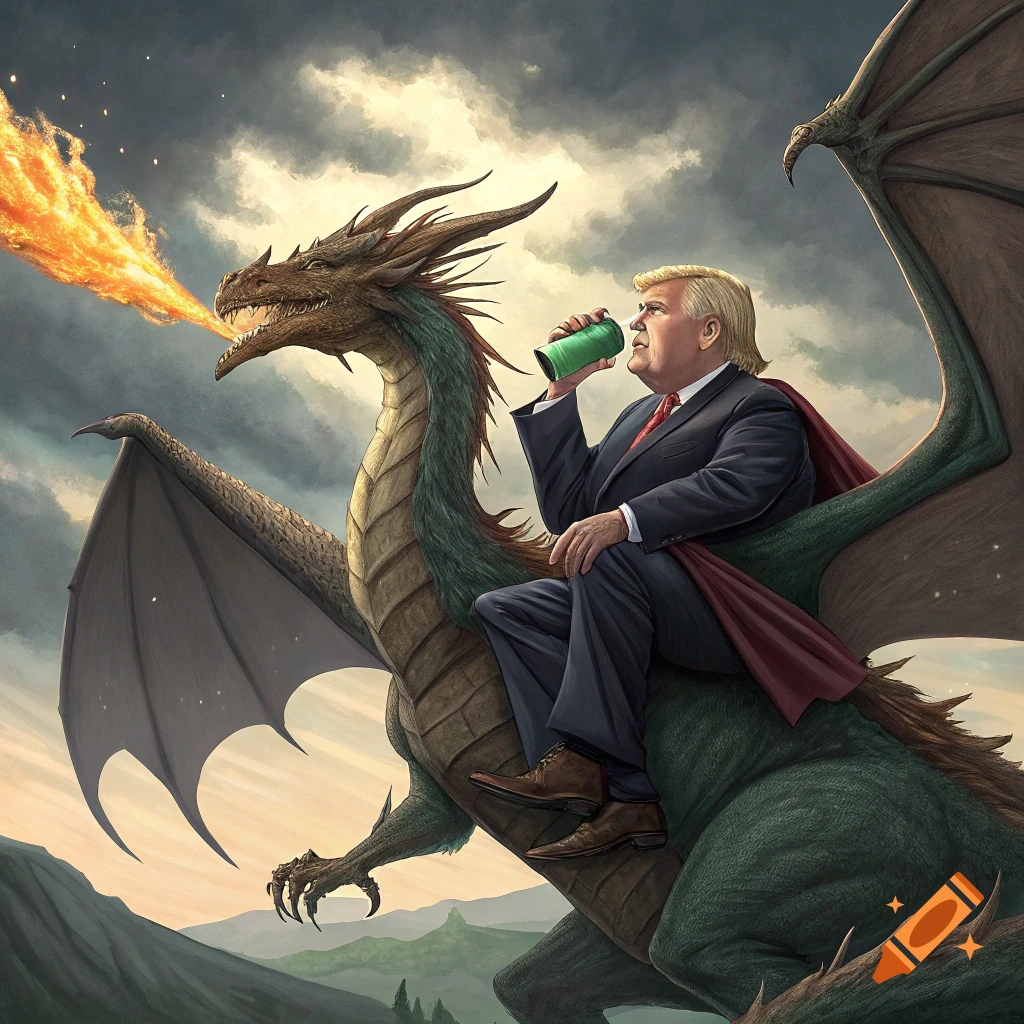 Donald Trump riding a dragon and drinking from a green container on Craiyon