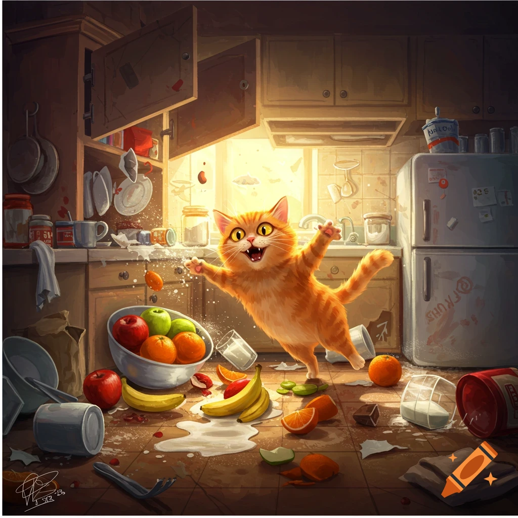 Cat destroying kitchen on Craiyon