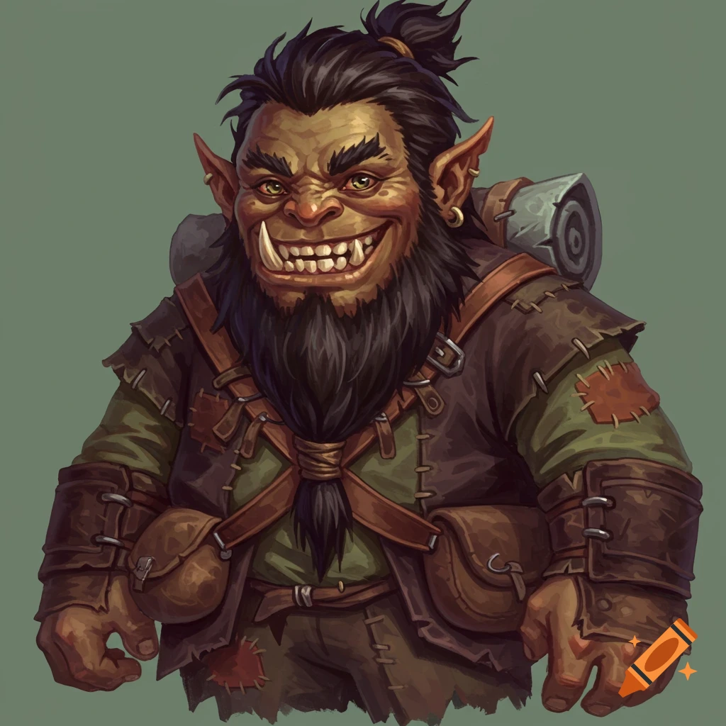 A smiling fantasy creature resembling an orc or goblin, wearing patched ...